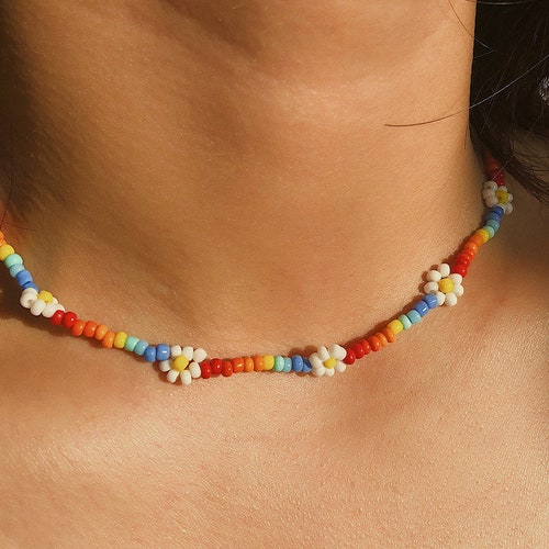 Daisy Flower Seed Bead Necklace Colorful Dainty Jewelry Choker Etsy
