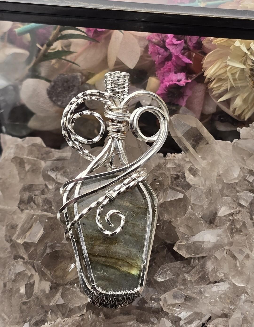 Hand-crafted Wire Wrapped Coffin Cut Sunset Labradorite Crystal Pendant ...