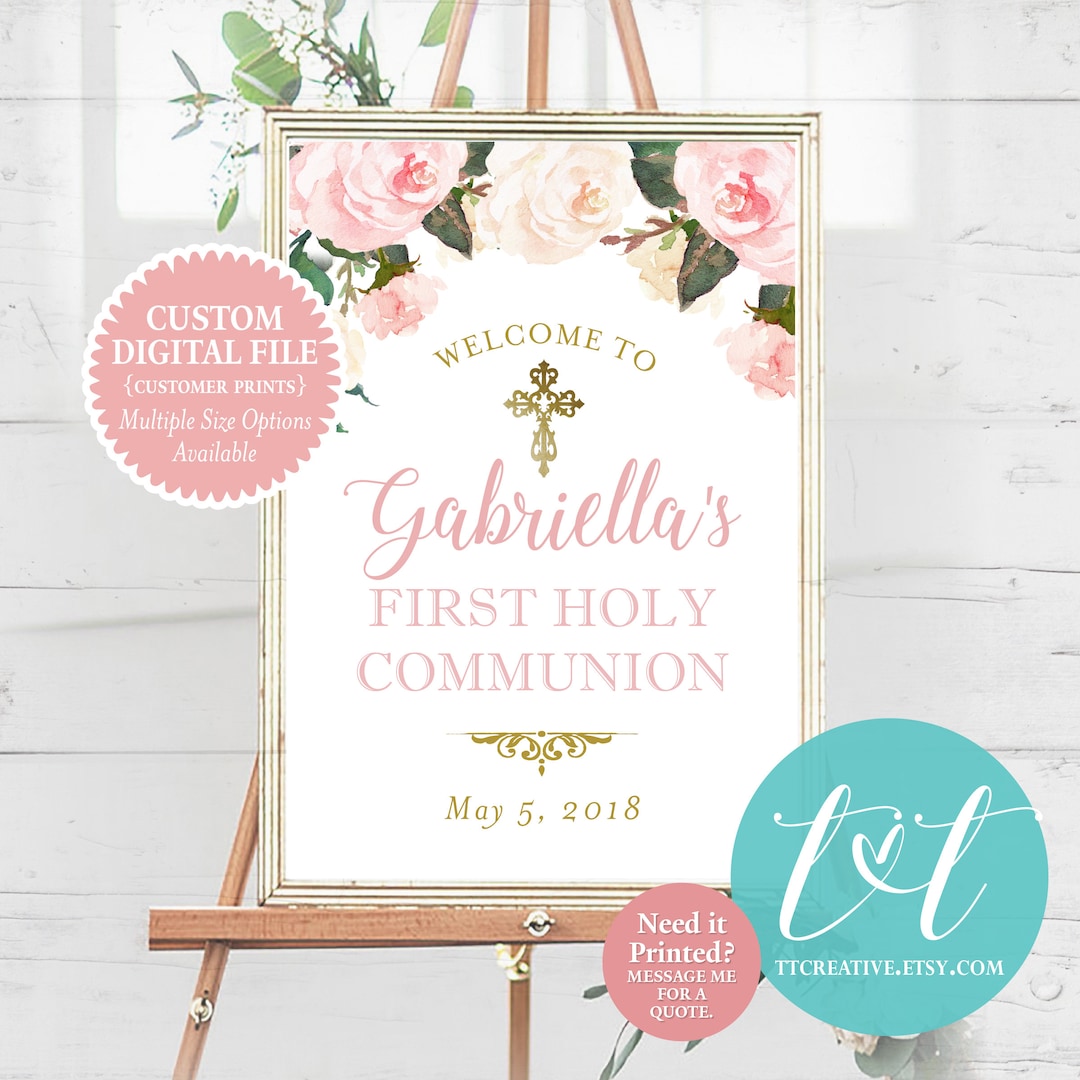 First Holy COMMUNION WELCOME POSTER, Pink Floral Baptism or Communion ...
