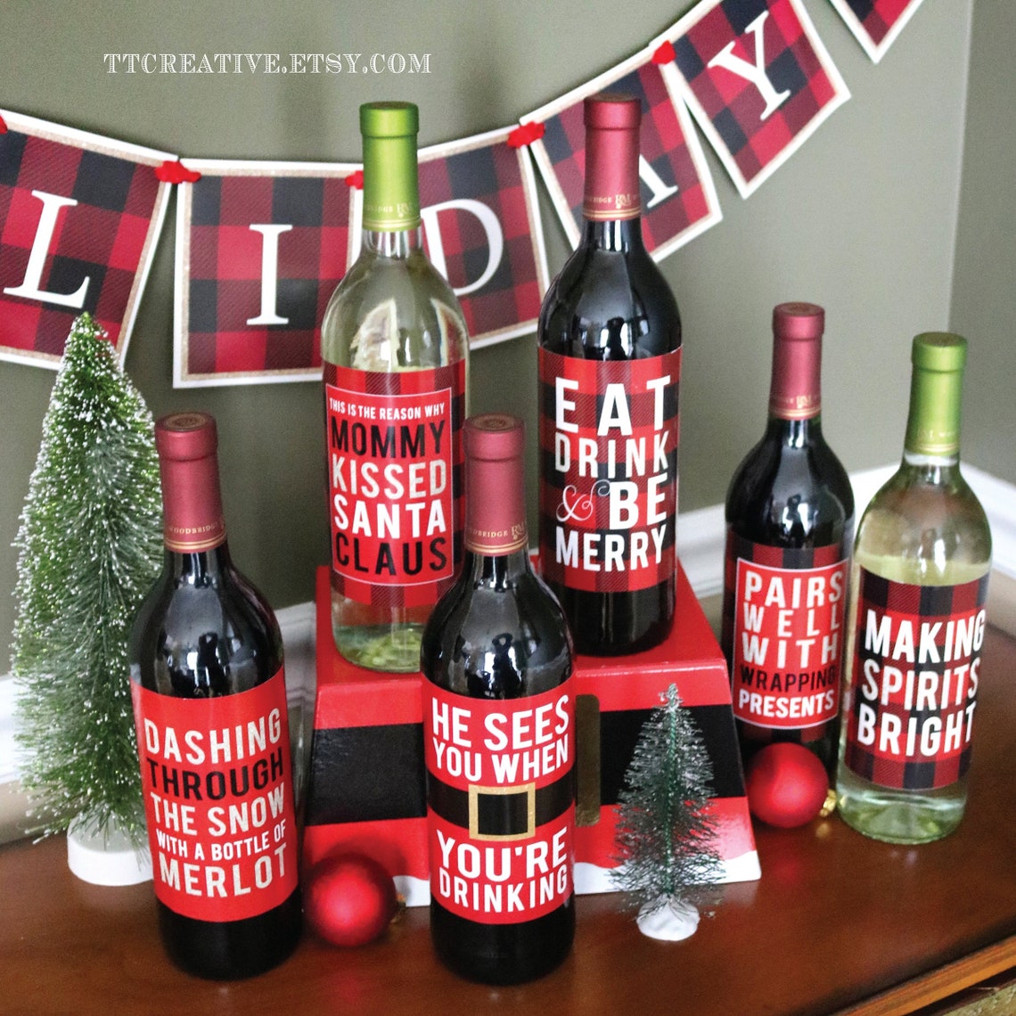 Custom Funny CHRISTMAS WINE Bottle LABELS Buffalo Plaid - Etsy