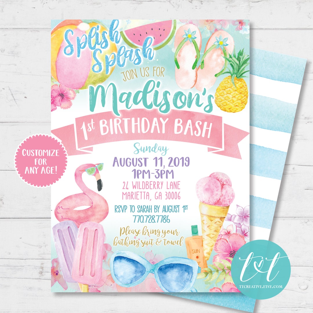Fun In The Sun Birthday Party Invite 5x7 Girls Watercolor Summer Birthday Invitation Splish