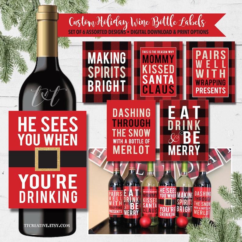 Custom Funny CHRISTMAS WINE Bottle LABELS Buffalo Plaid - Etsy