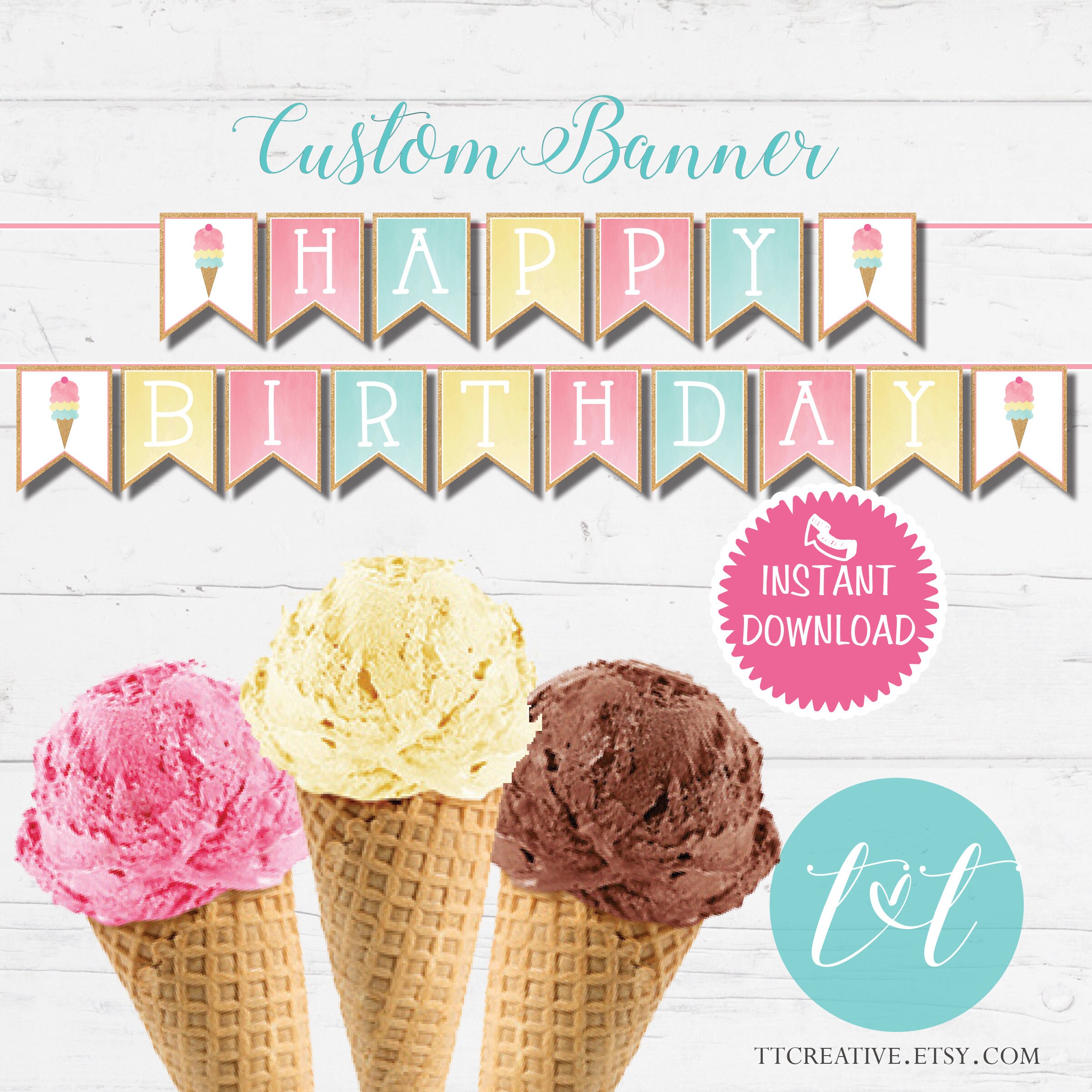 ICE CREAM Birthday Party HAPPY Birthday Banner Instant | Etsy