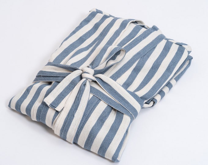 Wide Blue and White Striped Bathrobe, Lightweight Dressing Gown, Linen ...
