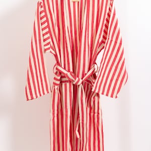Bohemian Lightweight Bathrobe, Red Stripe Robe, Boho Duster Coat, Linen ...