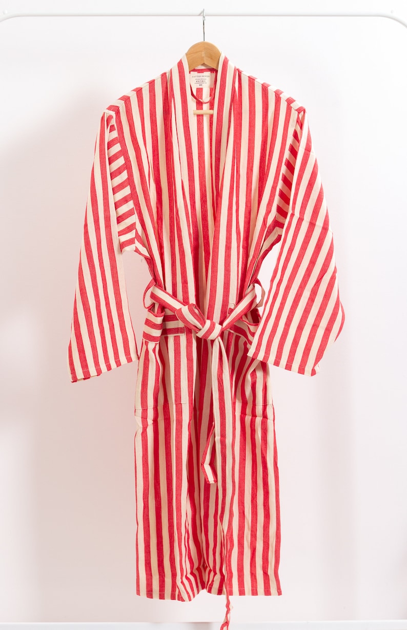 Bohemian Lightweight Bathrobe, Red Stripe Robe, Boho Duster Coat, Linen ...