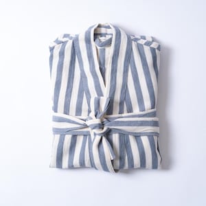 Wide Blue and White Striped Bathrobe, Lightweight Dressing Gown, Linen ...