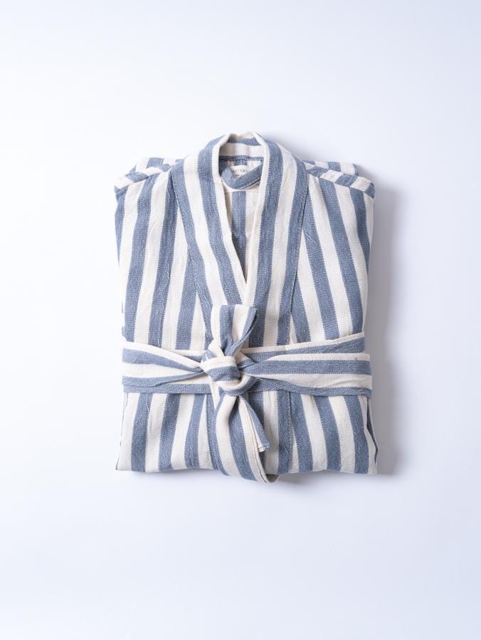 Wide Blue and White Striped Bathrobe, Lightweight Dressing Gown, Linen ...
