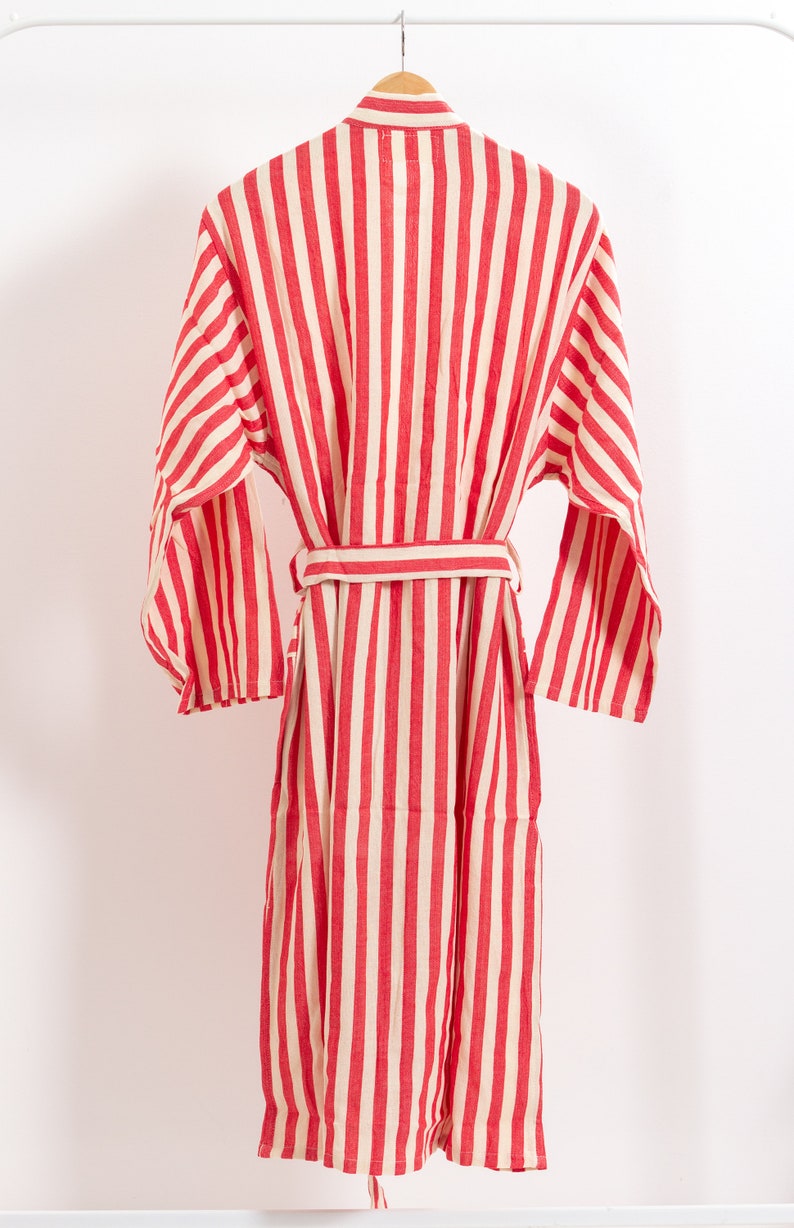 Bohemian Lightweight Bathrobe, Red Stripe Robe, Boho Duster Coat, Linen ...