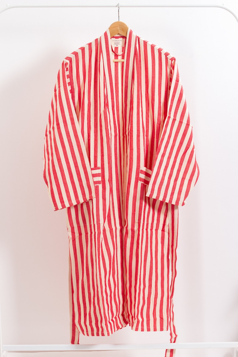 Bohemian Lightweight Bathrobe, Red Stripe Robe, Boho Duster Coat, Linen ...