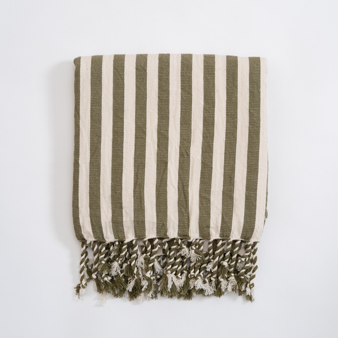 Turkish Picnic Blanket, Khaki Stripe Blanket, Linen Beach Towel, Green ...