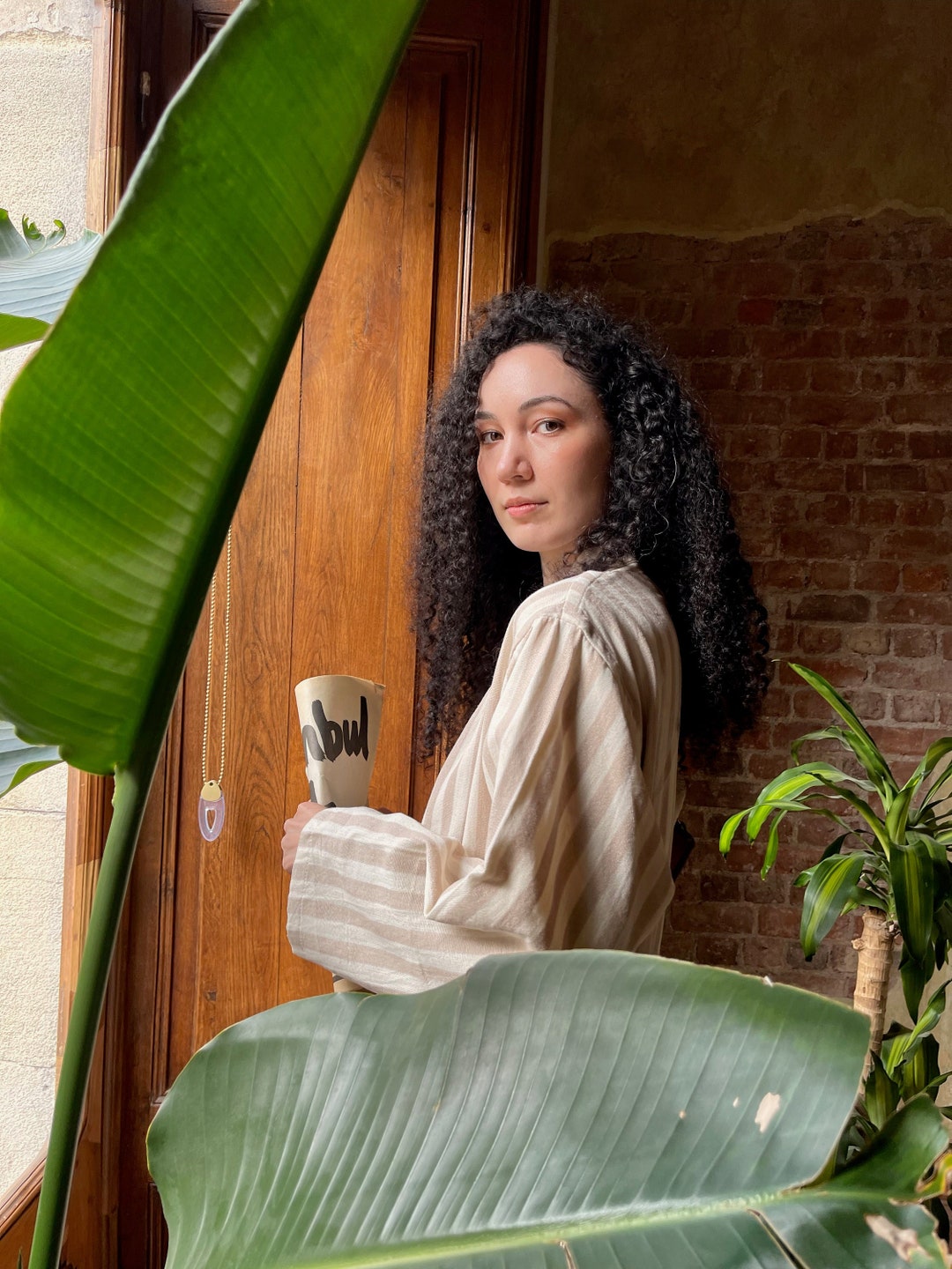 Natural Linen Robe, Classic Long Robe, Khaki and Cream Striped ...