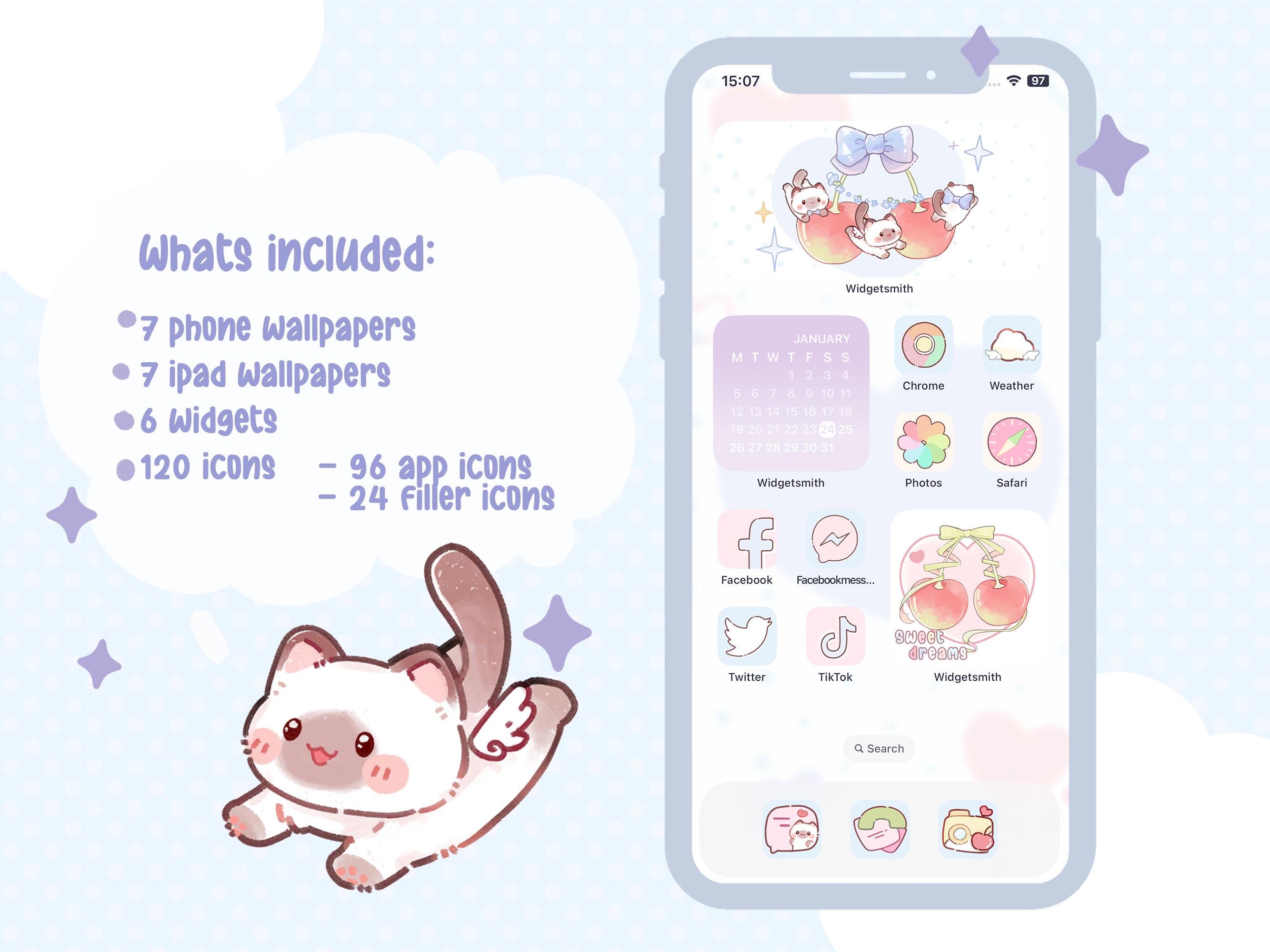 Pastel Cherry Cats | iPad Ios & Android App Icons | Wallpaper | Widgets ...