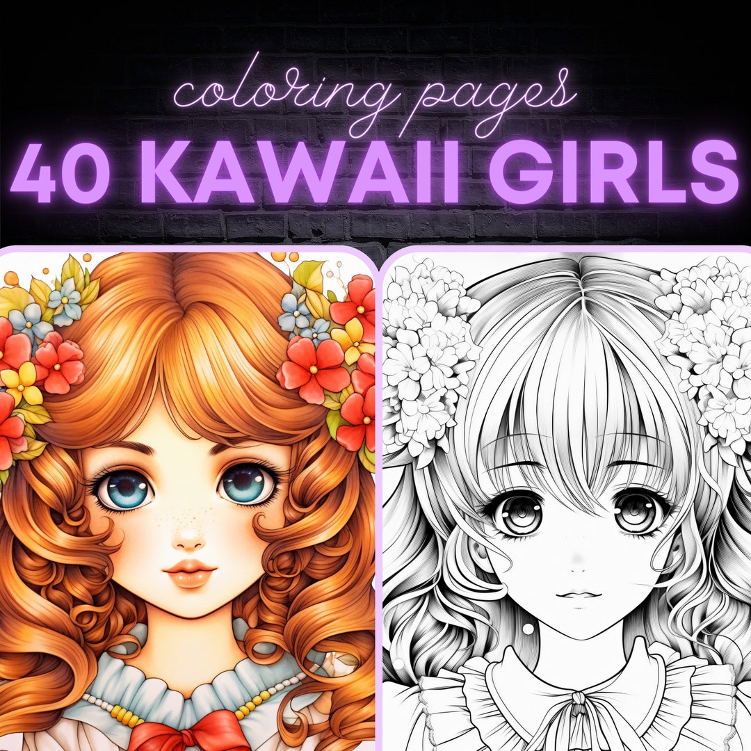 Kawaii Girls Printable Coloring Book Digital File With 40 Pages to ...
