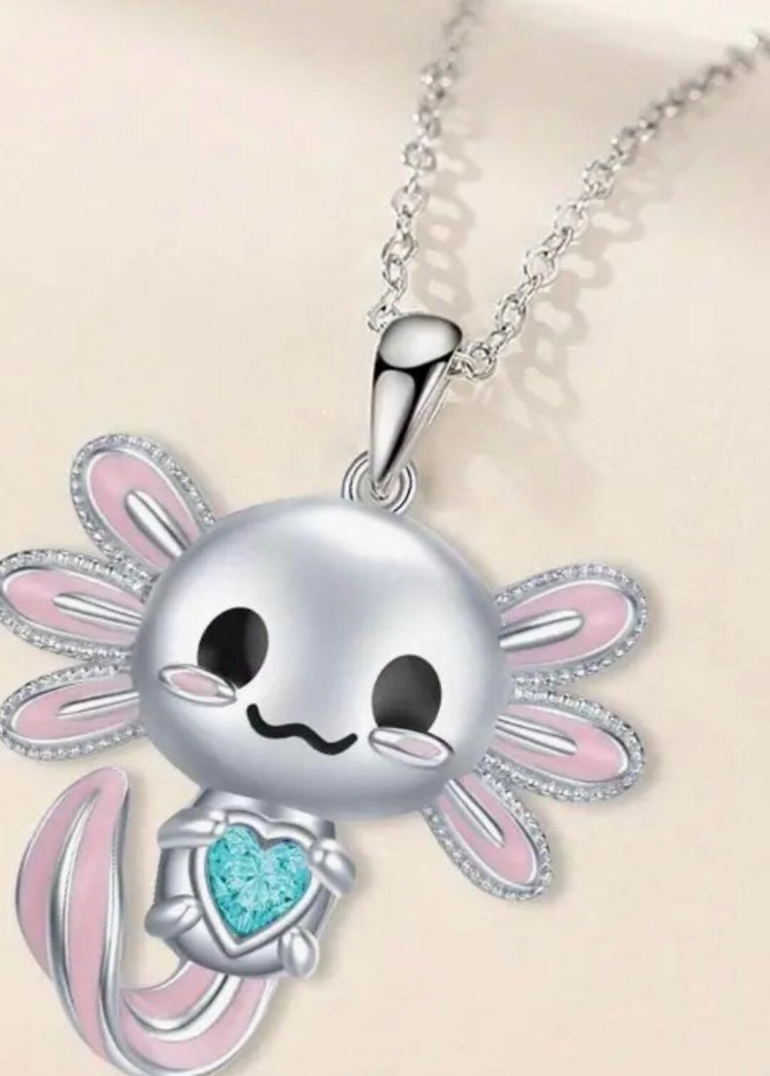 Pink Axolotl Holding a Blue Heart Necklace and Chain. - Etsy