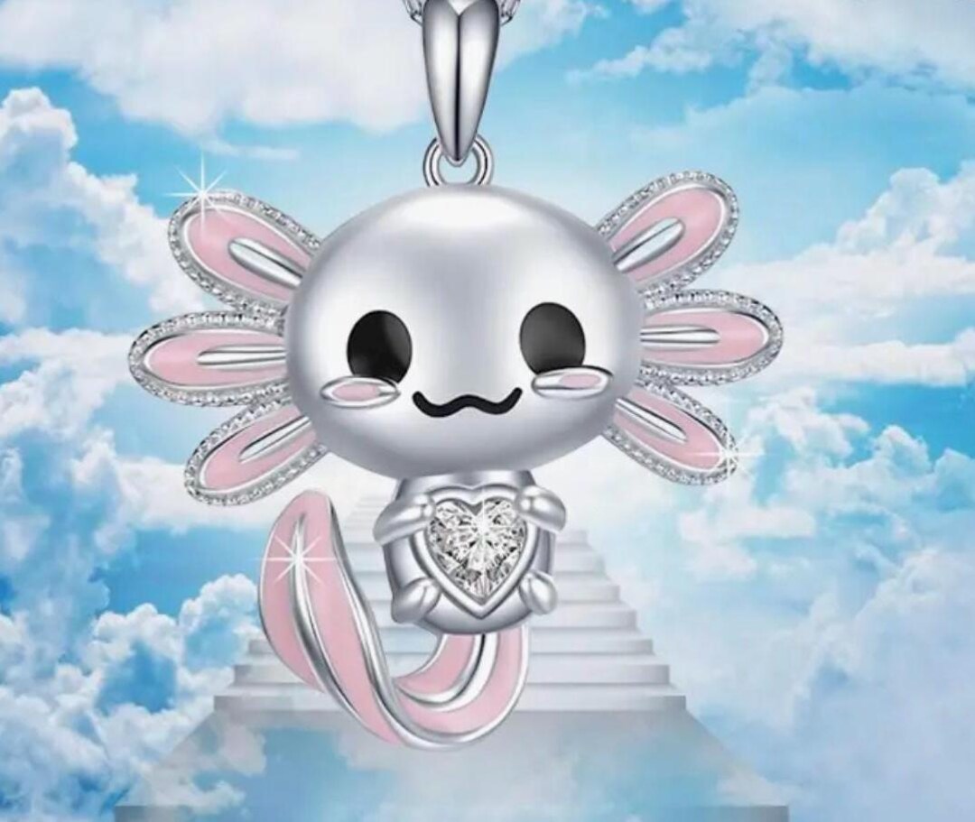 Pink Axolotl Holding a Clear/white Heart Necklace and Chain. - Etsy