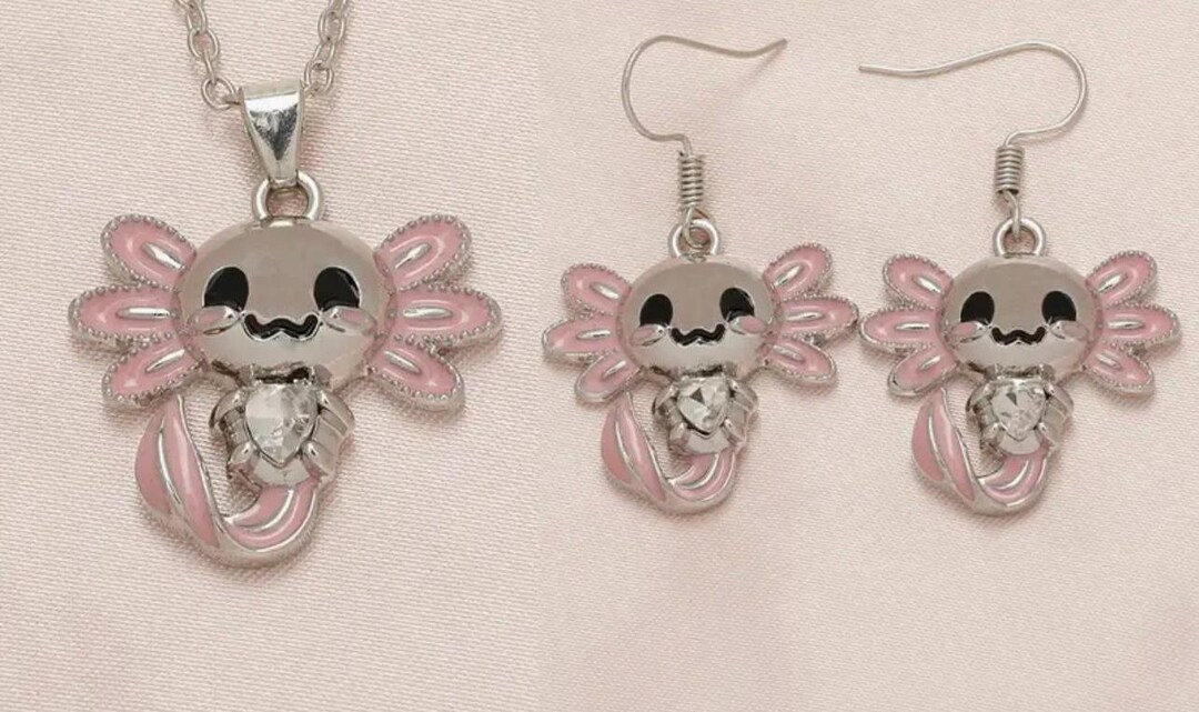 Pink Axolotl Necklace and Matching Earrings, With a Heart and Chain - Etsy