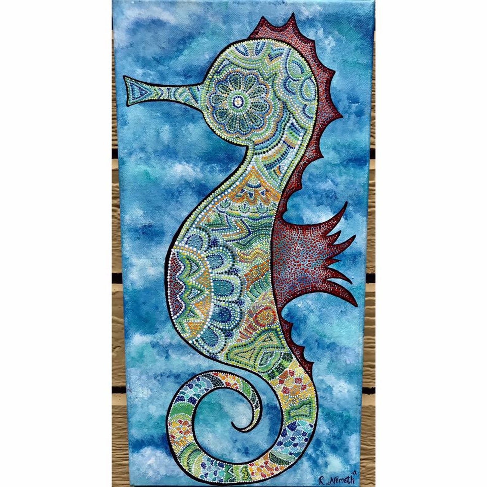 Seahorse Acrylic Stippling Painting, "sea Rider" - Etsy