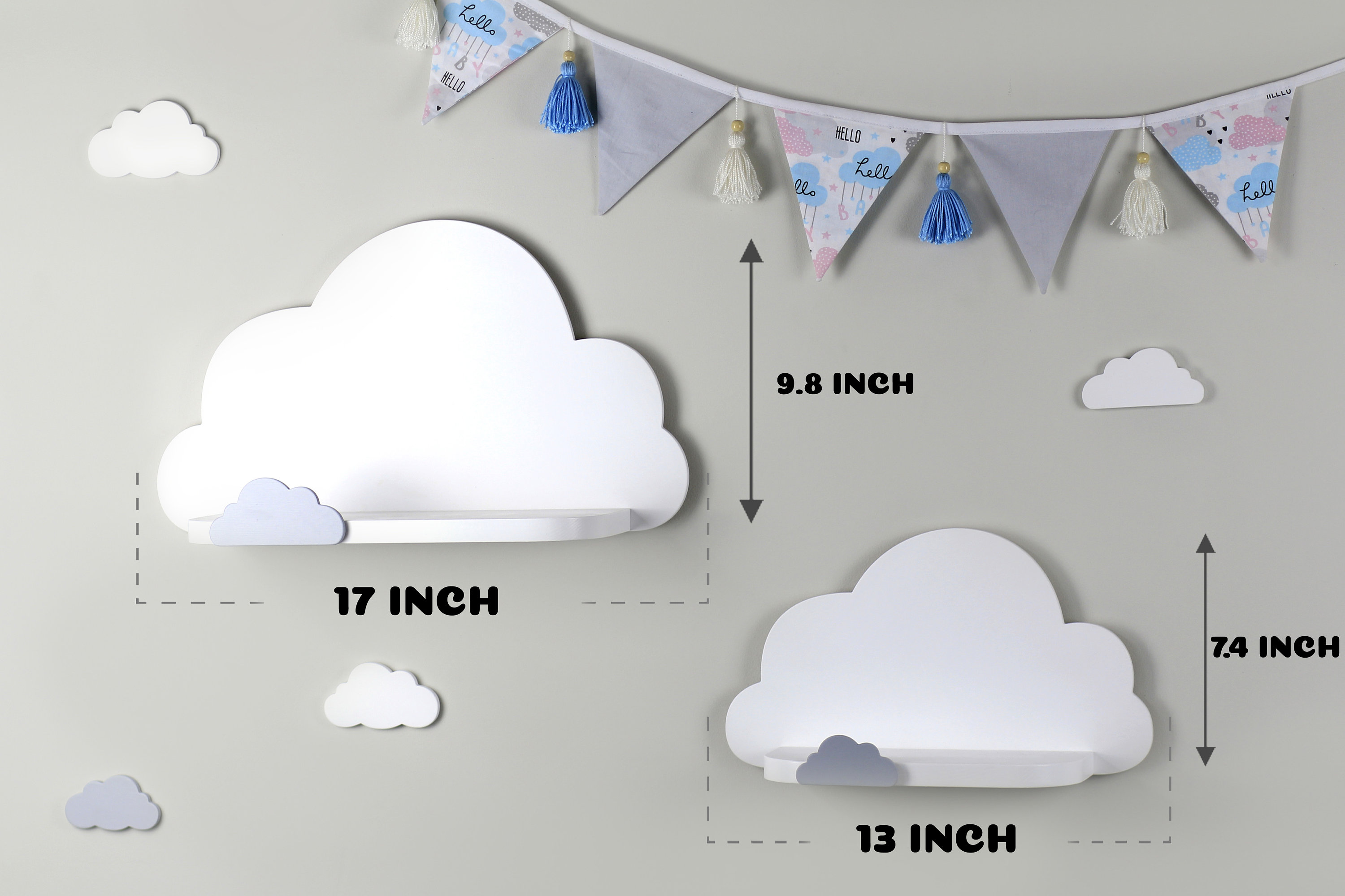 Set of 2 White Wooden Cloud Shelves With Small Cloud on Border, Wooden ...