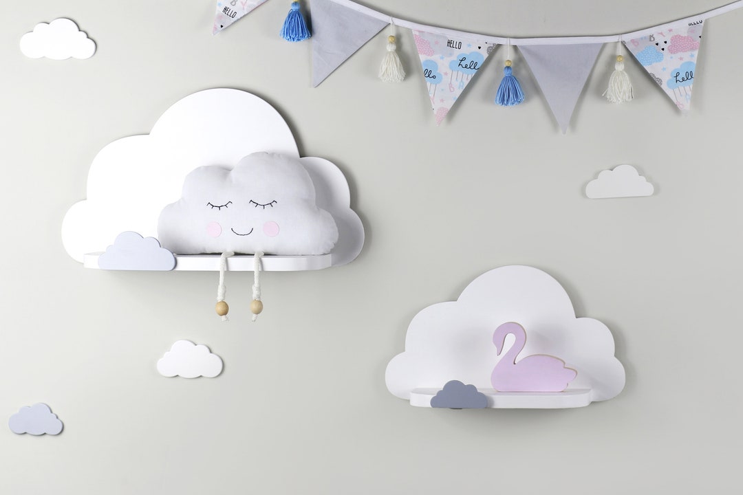 Set of 2 White Wooden Cloud Shelves With Small Cloud on Border, Wooden ...