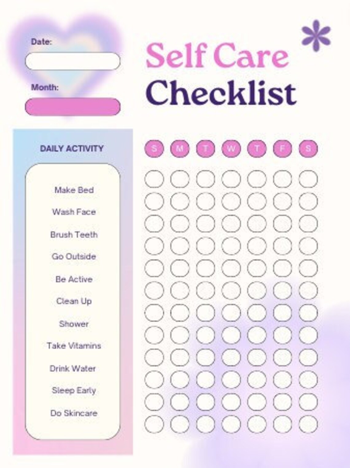 Self Care Planner Template Sheet Mental Health Take Care of Yourself ...