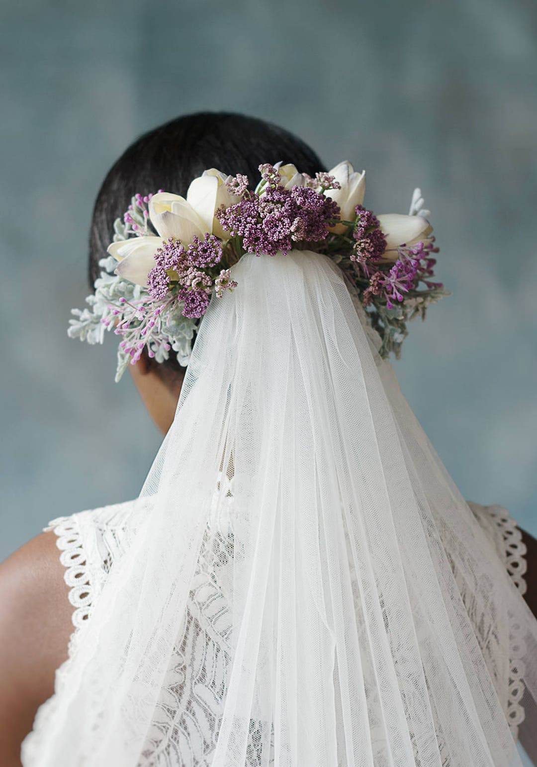 Purple Floral Lace Bridal Comb Veil With Garter, Boho Lace Veil ...