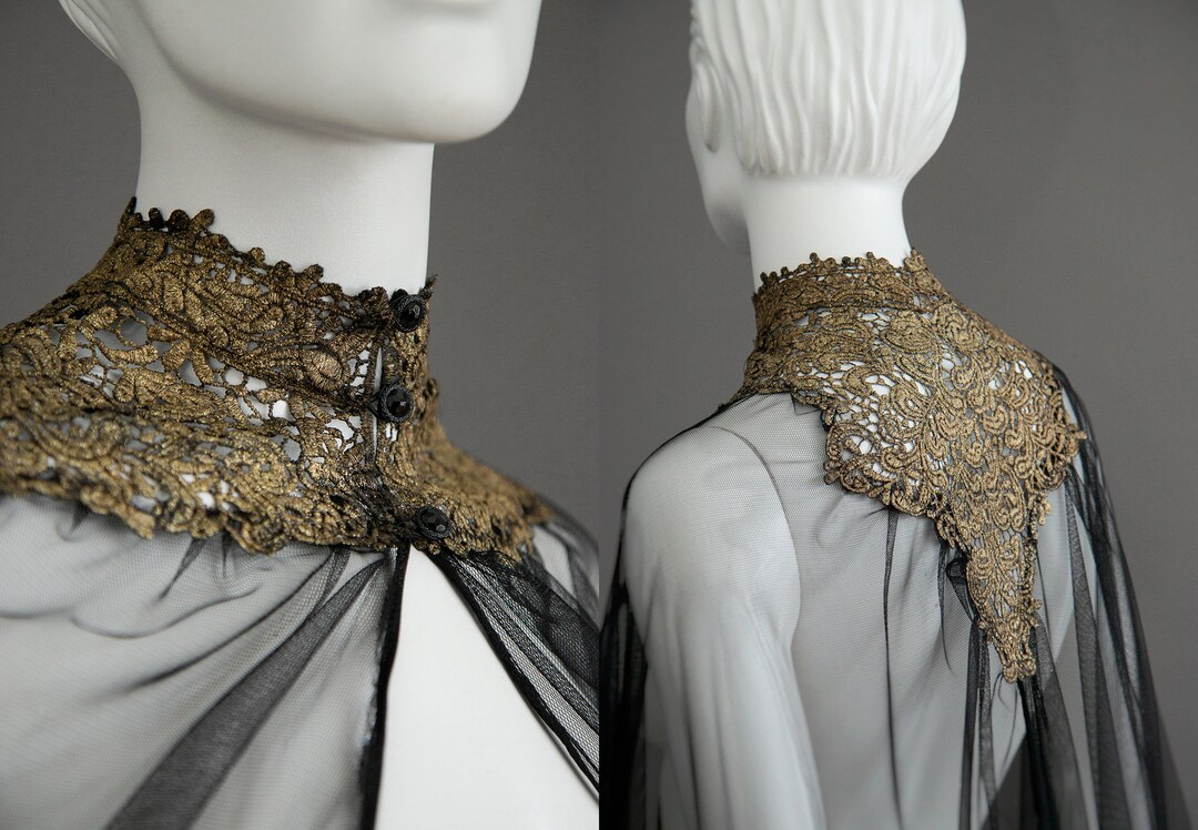 Modern Gothic Bridal Cape, Black Cape With Gold Lace Collar, Unique ...