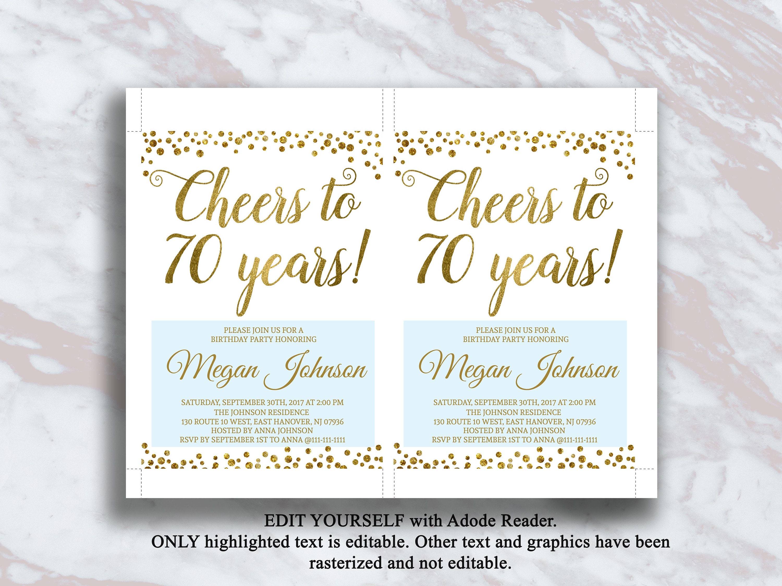 Editable 70th Birthday Invitation Cheers To 70 Years Gold Etsy
