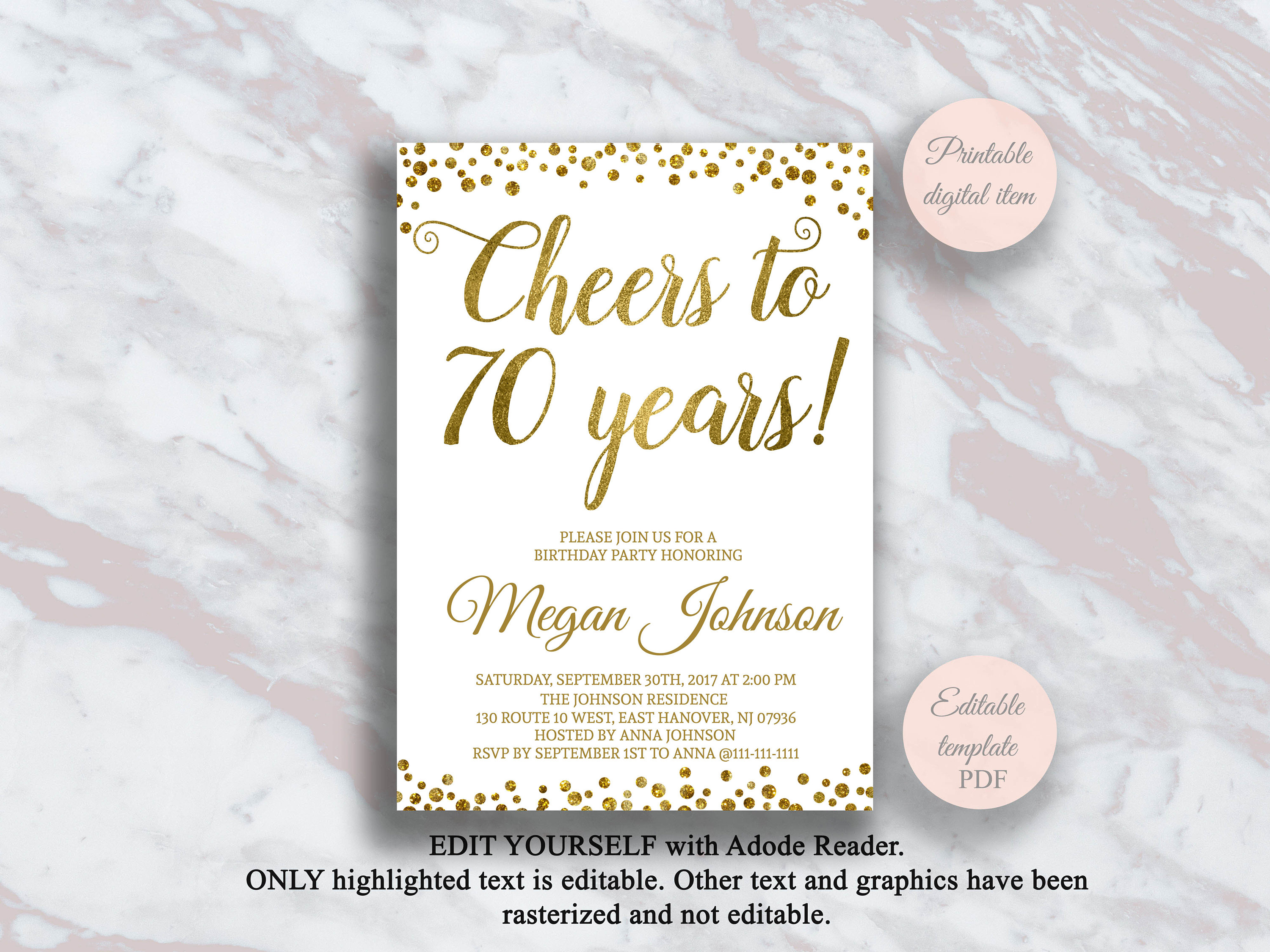 Editable 70th Birthday Invitation Cheers To 70 Years Gold Etsy