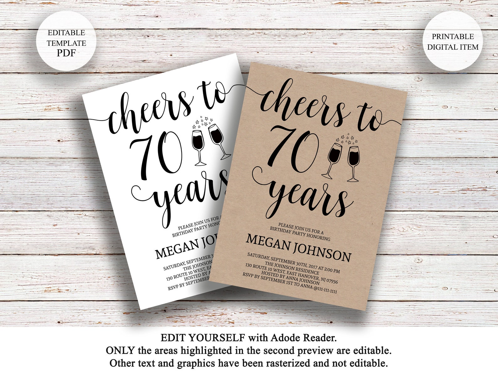 Editable 70th Birthday Invitation Cheers To 70 Years Rustic Etsy
