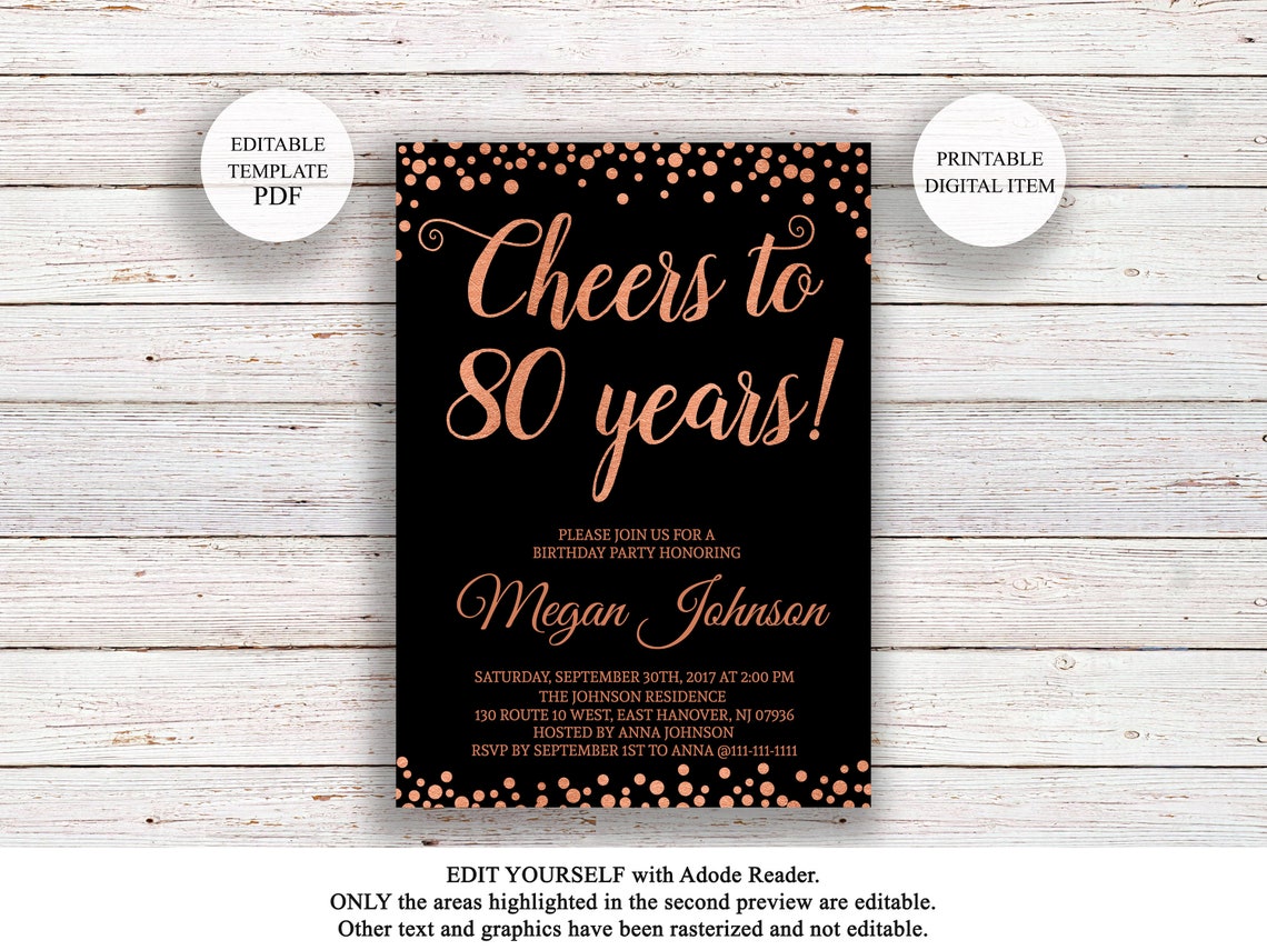 Editable 80th Birthday Invitation Cheers To 80 Years Black Etsy