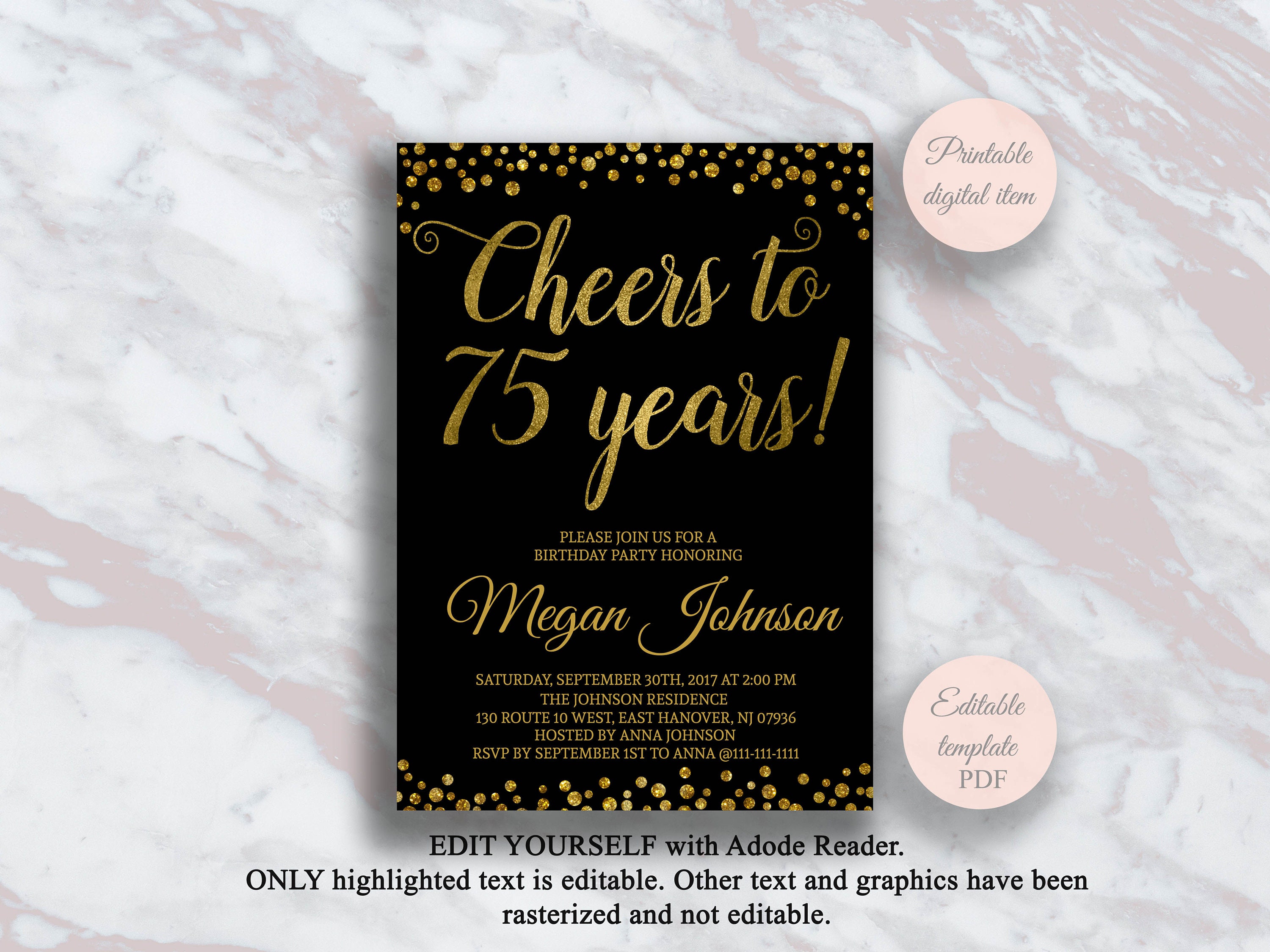 Editable 75th Party Invitation Birthday Printable Cheers To Seventy F