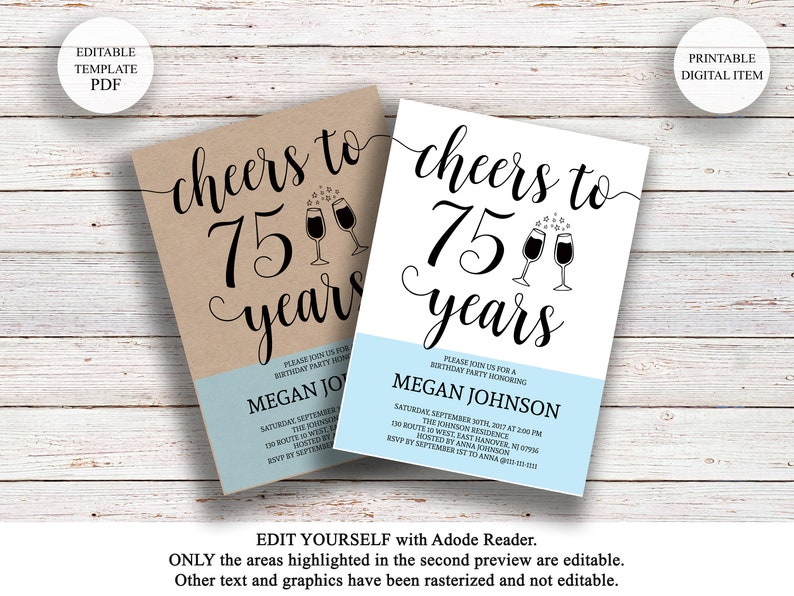 Editable 75th Birthday Invitation Cheers To 75 Years Rustic Etsy