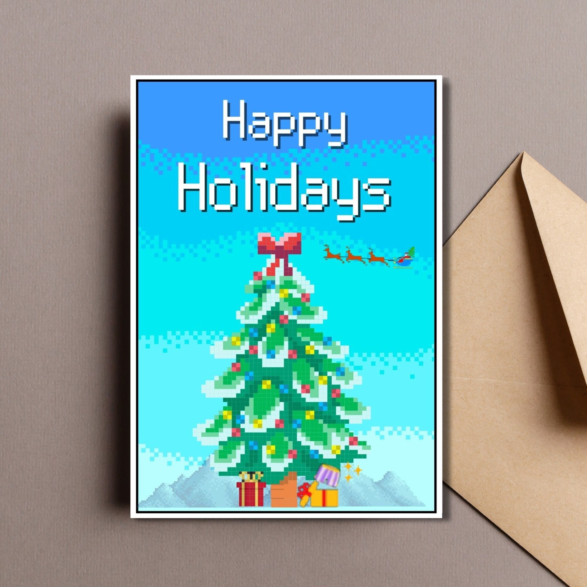 Pixel Christmas Tree Holiday Greeting Card, Video Game Christmas Card ...