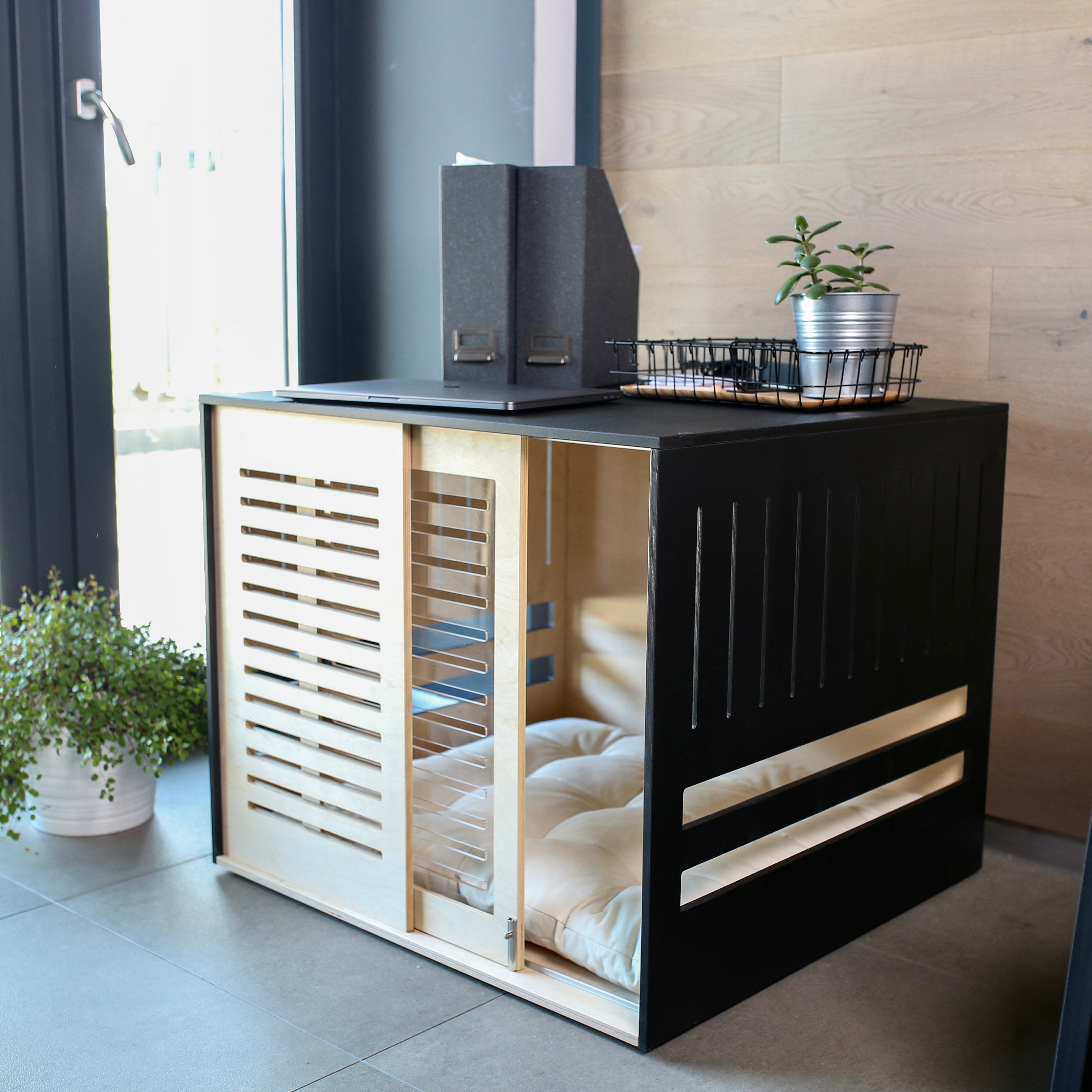 Modern Dog Crate With Acrylic Sliding Door With a Stopper - Etsy