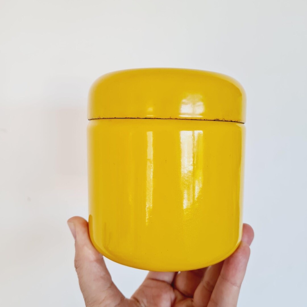 Vintage Finel Bright Yellow Enamel Jar With Lid, Box With Lid, Made in ...