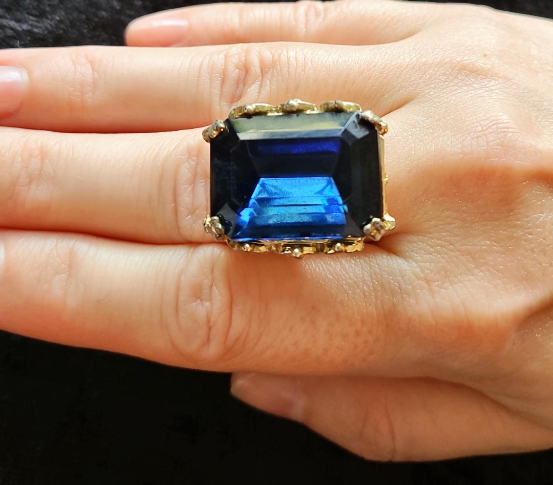 FLORENZA | Blue Faux Sapphire Gold Ring [size 10] Adjustable - Etsy