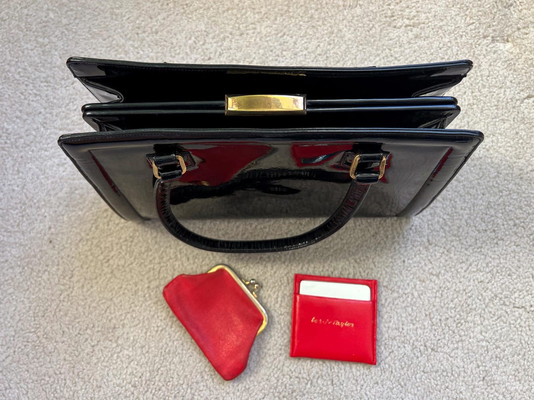 Vintage KORET Handbag - Black Genuine Patent LEATHER - RED Leather ...