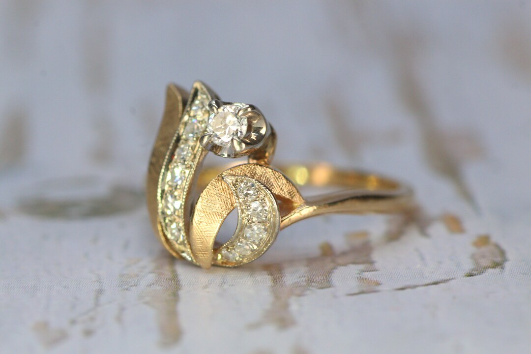 Vintage Diamond Double Curling Ribbon Ring 14K Yellow Gold 1/5 CTW ...