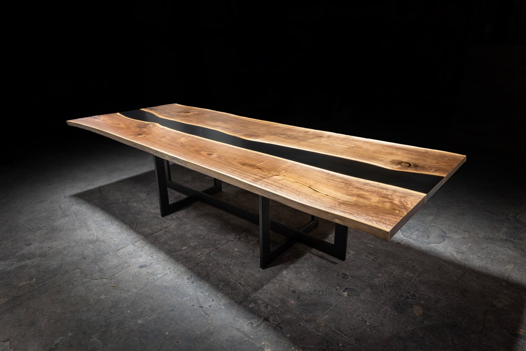 Black Walnut River Dining Table, Live Edge Wood and Black Epoxy Resin ...