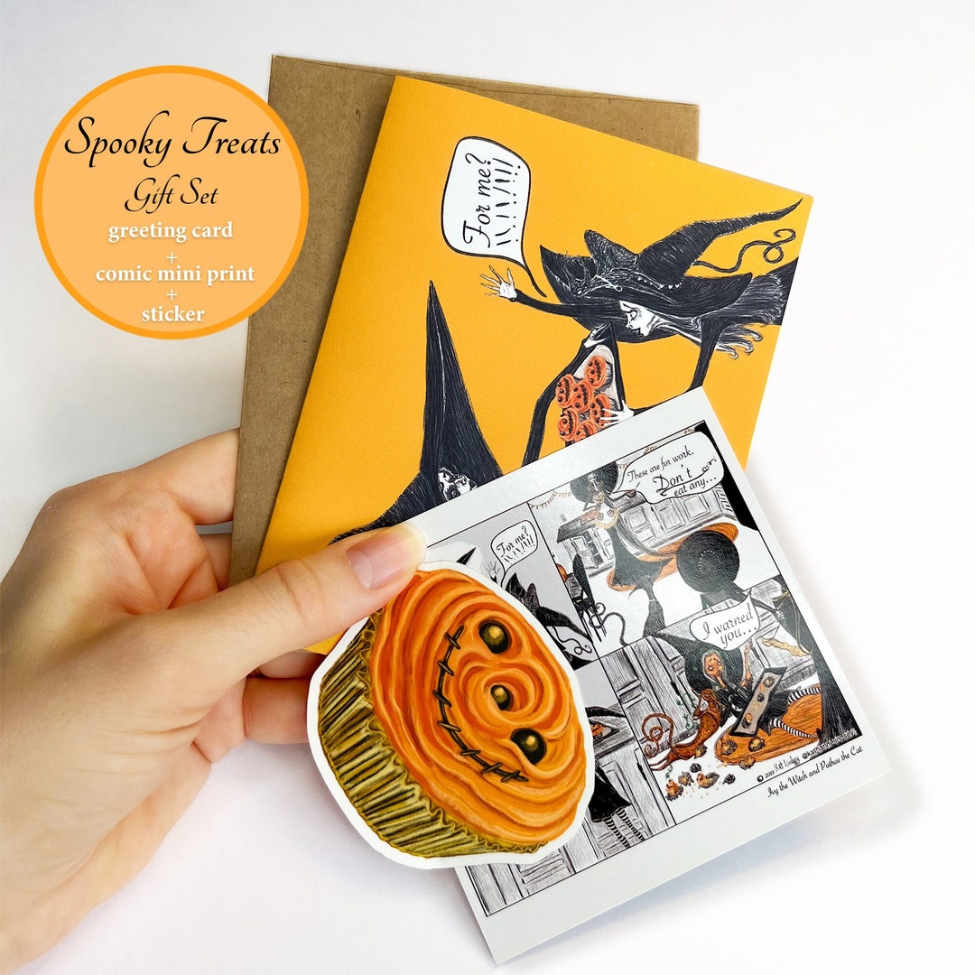Spooky Treats Gift Set - Greeting Card + Comic Mini Print + Sticker - Etsy