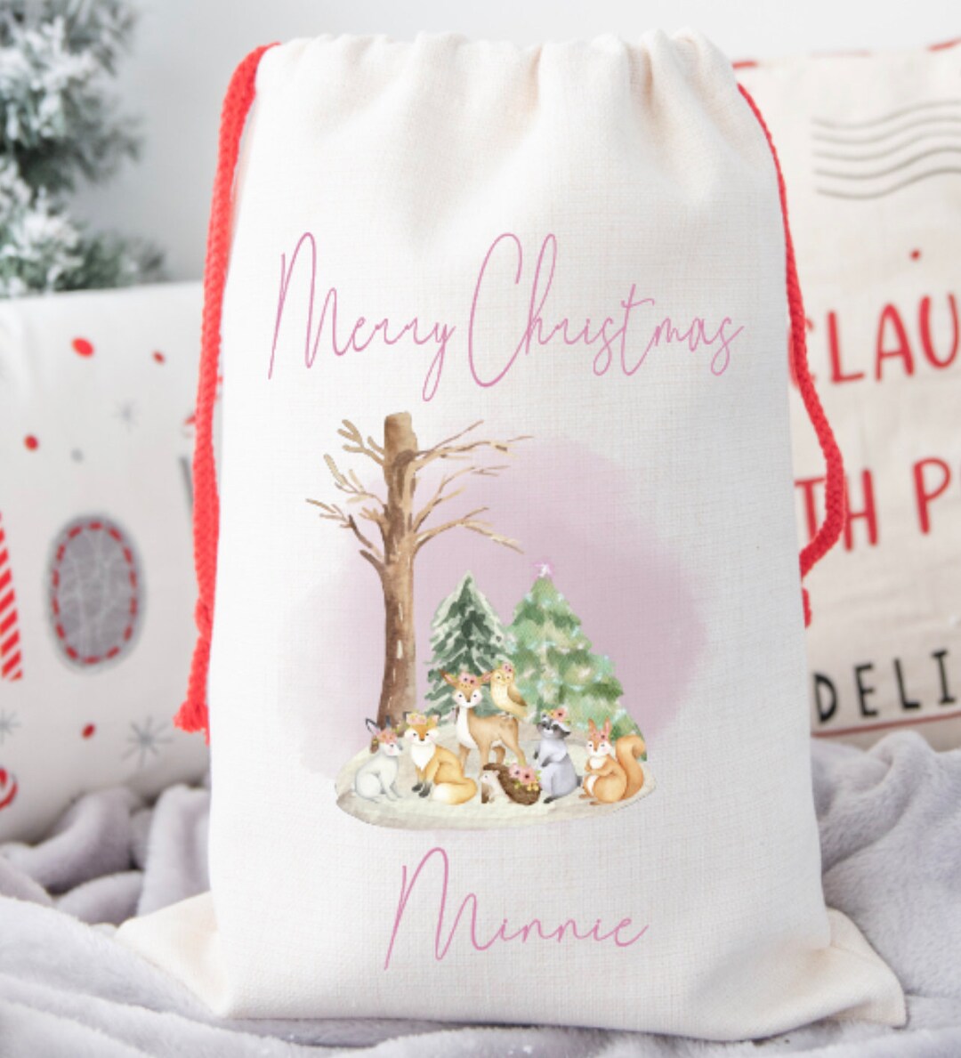 Personalized Woodland Animals Christmas Sack: Pink Linen Santa Sack - Etsy