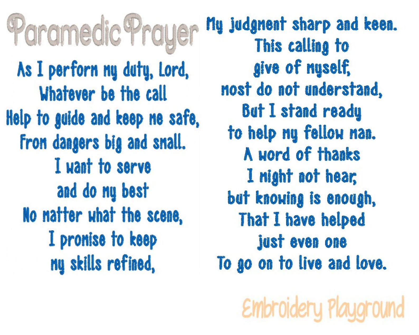 Paramedic's Prayer - EMT Saying - Paramedic - Embroidery Design ...