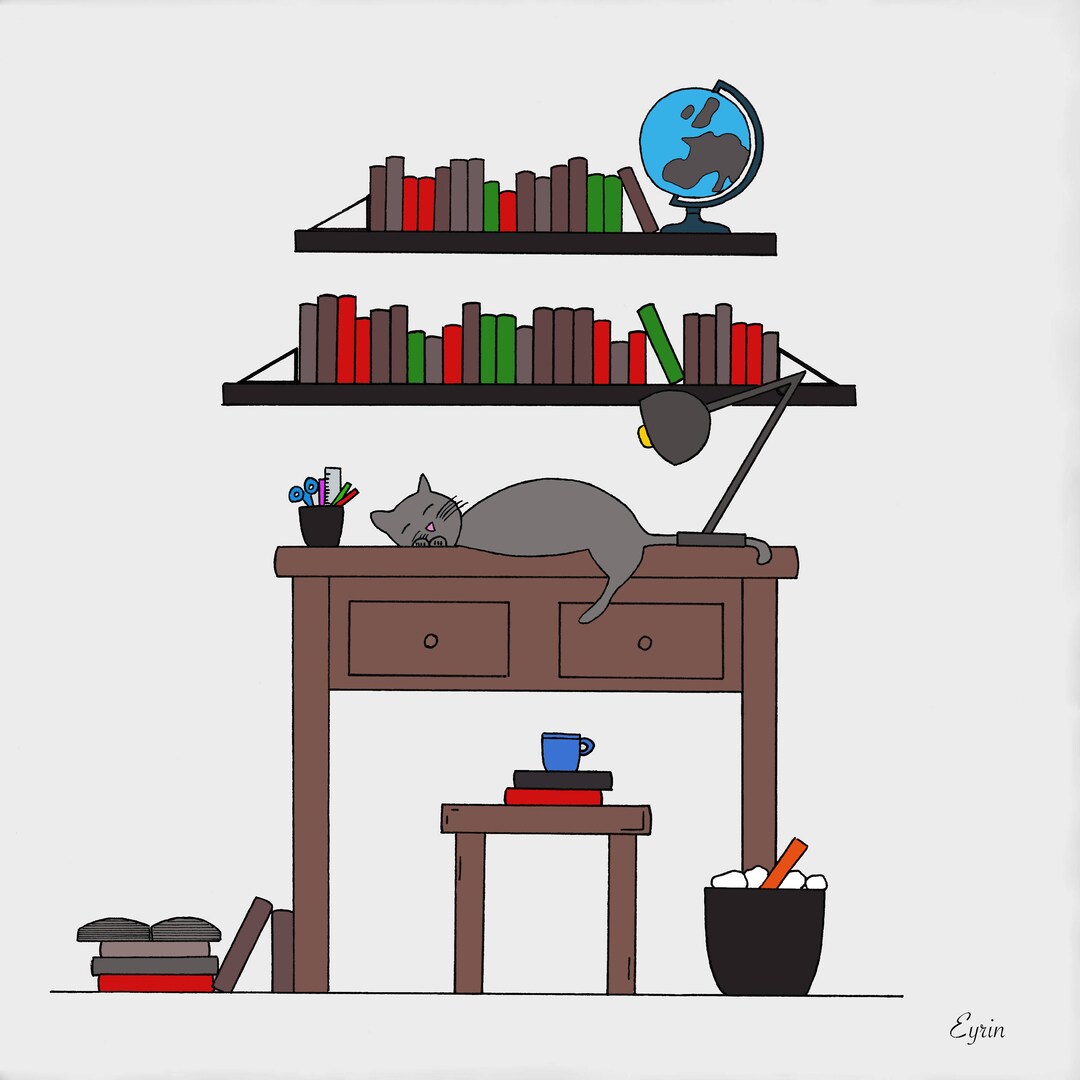 Poster Poster Illustration "cat Who Naps" Cat, Cat, Office, Books, Wall ...