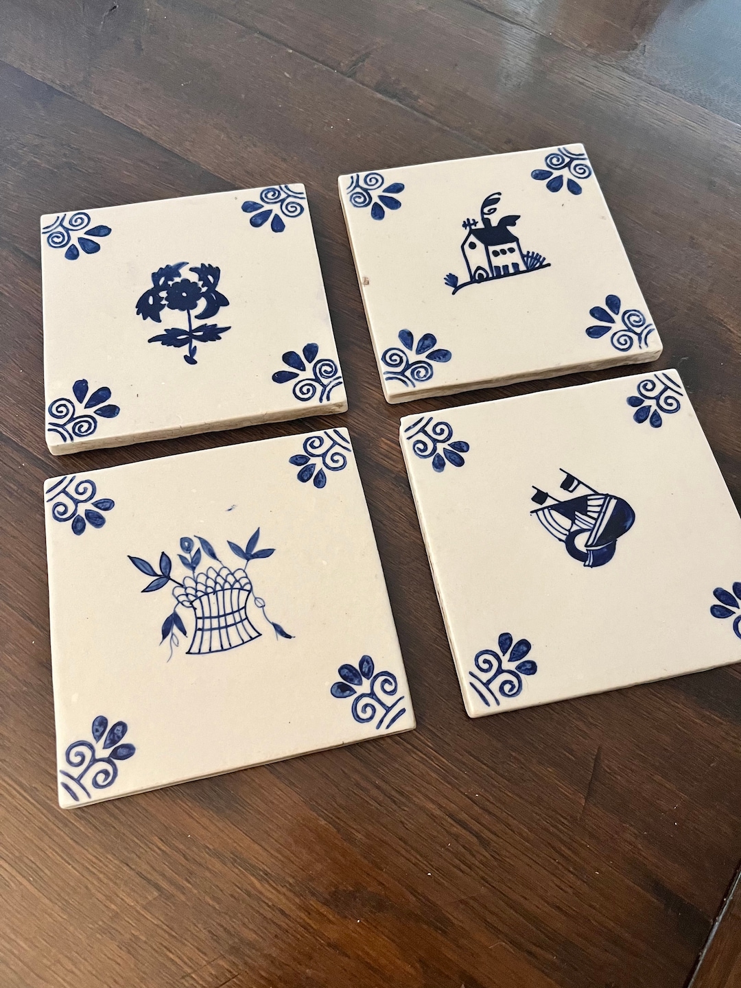 Vintage Blue and White Delft Tiles / Set of 4 / 5.75 Square - Etsy
