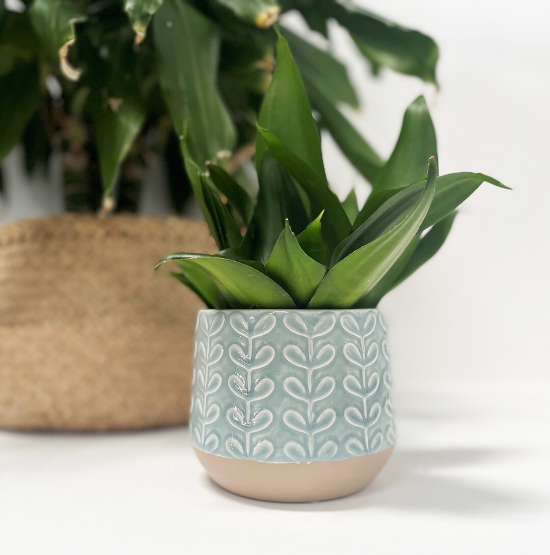 Blue Ceramic Glazed Plant Pot With Leaf Design Rustic Blue Planter Gift ...