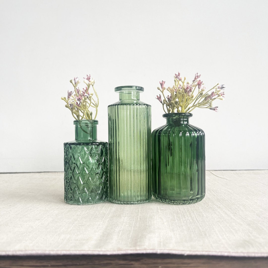Dark Green Glass Bud Vase Set of 3 Set of Assorted Bud Vases Small Green Flower Vases Mixed Bud ...