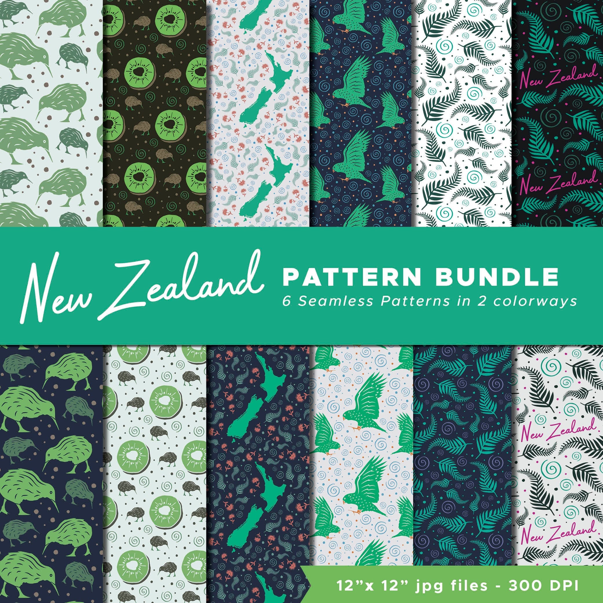 New Zealand Digital Paper Icons Seamless Patterns Collage Craft INSTANT ...