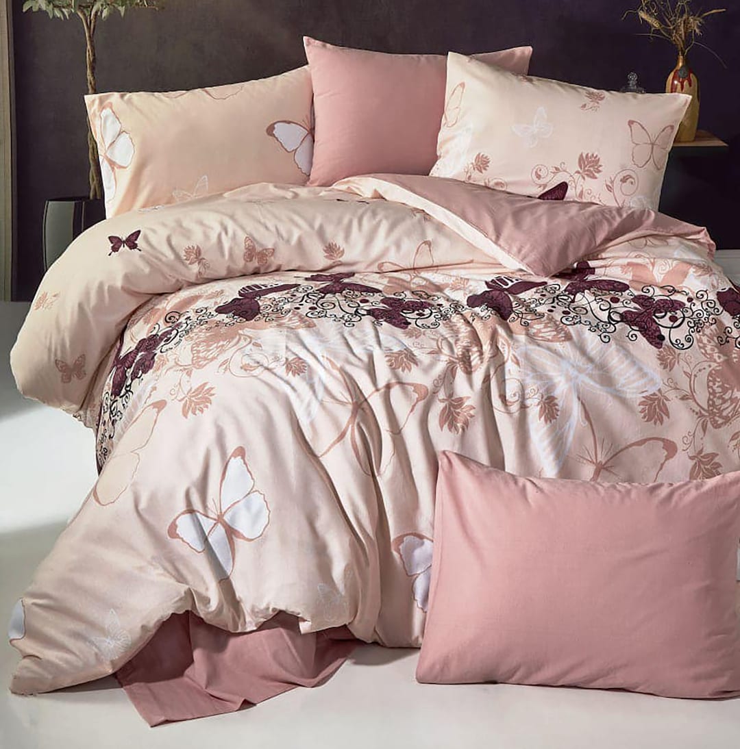 Pink Butterfly Duvet Cover and Pillowcases Family Gift Cotton Sheet Set ...