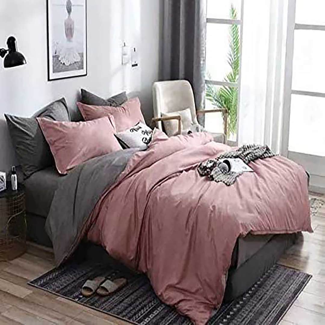 Duvet Cover Gray and Pink Cotton Bedding Set | Cover + Pillowcases ...
